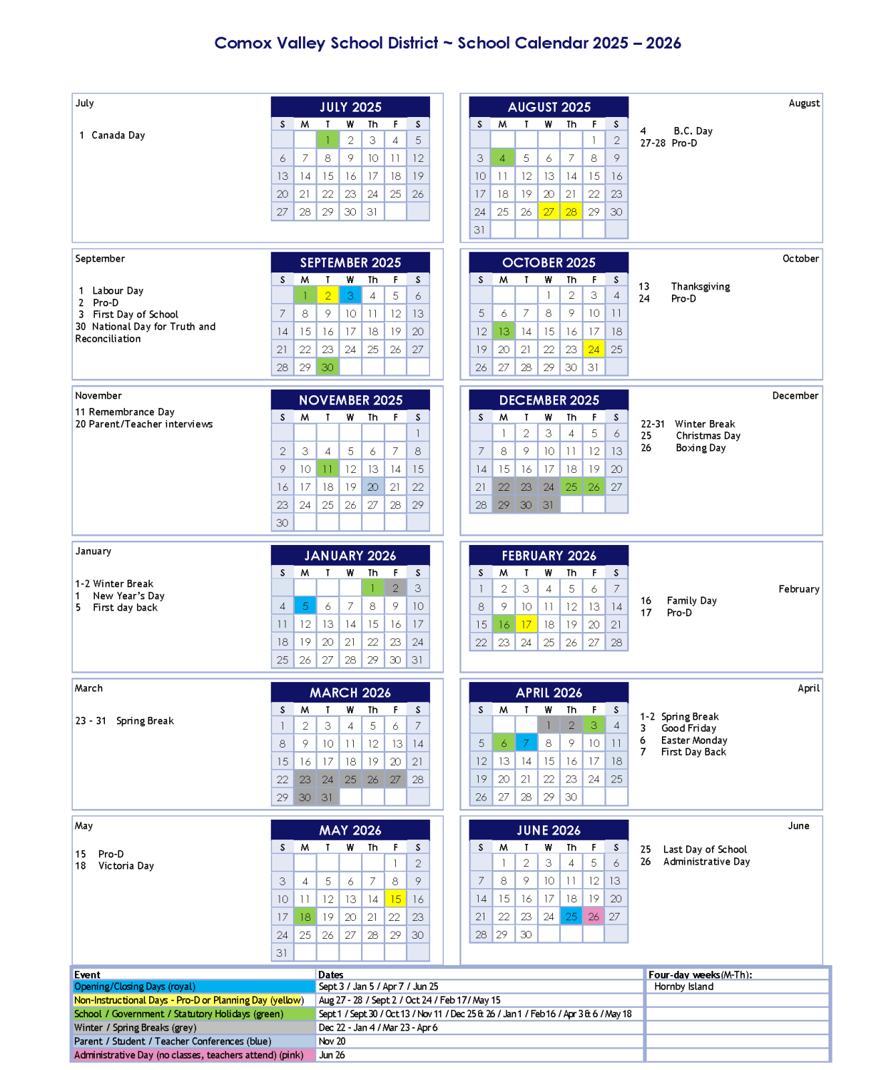 District Calendars - Comox Valley Schools